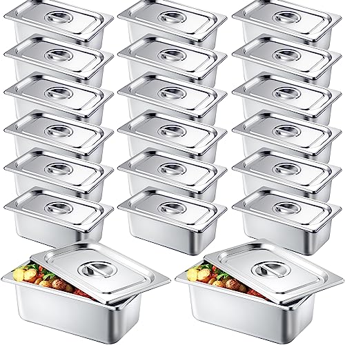 Zubebe 16 Pack Hotel Pan with Lid 4 Inch Deep Steam Table Pan 0.9 mm Thick Stainless Steel Pans Anti Steam Commercial Food Pans for Restaurant Buffet Event Catering Supplies (1/4 Size x 4 Inch Deep)