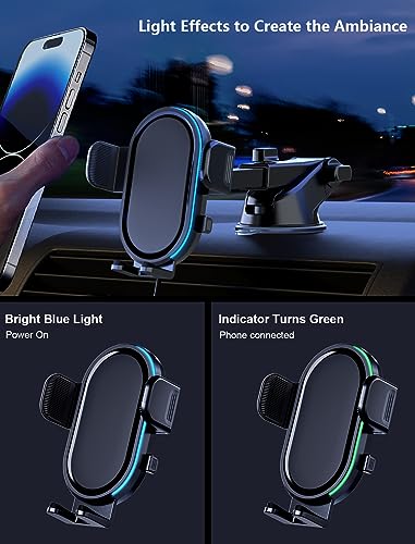 Wireless Car Charger, UGDLUCK 15W Fast Charging Car Charger Mount with Colored Lights Dashboard Windshield Air Vent Car Phone Holder fit for iPhone 14 13 12 11 Pro Max,Samsung Galaxy S23 S22 S21,etc