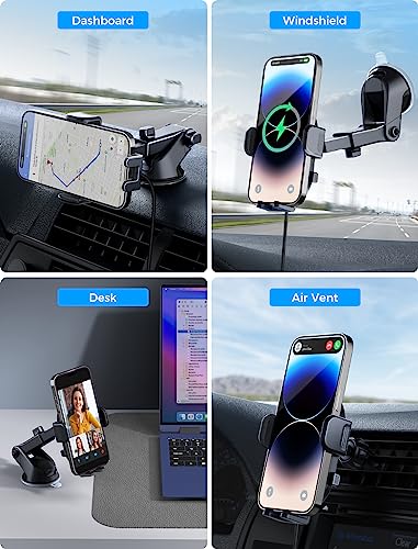 Wireless Car Charger, UGDLUCK 15W Fast Charging Car Charger Mount with Colored Lights Dashboard Windshield Air Vent Car Phone Holder fit for iPhone 14 13 12 11 Pro Max,Samsung Galaxy S23 S22 S21,etc