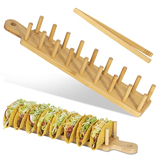 Bamboo Taco Tray with Tong, Taco Holder Holds 8, Taco Shell Holder. Design Allows for Multi-Use Food Tray, Charcuterie Tray. Great Housewarming Gift & Kitchen Accessory.