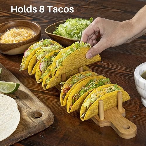 Bamboo Taco Tray with Tong, Taco Holder Holds 8, Taco Shell Holder. Design Allows for Multi-Use Food Tray, Charcuterie Tray. Great Housewarming Gift & Kitchen Accessory.