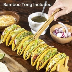 Bamboo Taco Tray with Tong, Taco Holder Holds 8, Taco Shell Holder. Design Allows for Multi-Use Food Tray, Charcuterie Tray. Great Housewarming Gift & Kitchen Accessory.