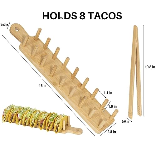 Bamboo Taco Tray with Tong, Taco Holder Holds 8, Taco Shell Holder. Design Allows for Multi-Use Food Tray, Charcuterie Tray. Great Housewarming Gift & Kitchen Accessory.