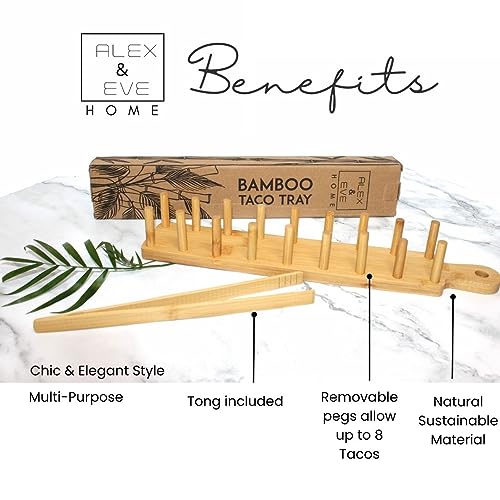 Bamboo Taco Tray with Tong, Taco Holder Holds 8, Taco Shell Holder. Design Allows for Multi-Use Food Tray, Charcuterie Tray. Great Housewarming Gift & Kitchen Accessory.