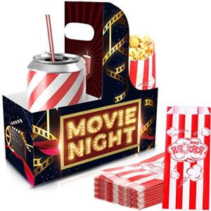 karaqy 10 pcs movie night snacks trays box - movie night drink carrier with handles, disposable popcorn bags, cinema combo popcorn drink holder for movie theater cinema party supplies favors