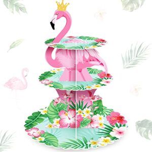 3 tier pink flamingo cupcake stand hawaiian theme cupcake holder luau aloha cake holder decorations tropical cupcake dessert for summer pool beach birthday party supplies