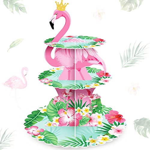 3 Tier Pink Flamingo Cupcake Stand Hawaiian Theme Cupcake Holder Luau Aloha Cake Holder Decorations Tropical Cupcake Dessert for Summer Pool Beach Birthday Party Supplies