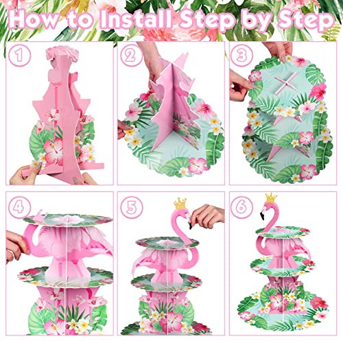 3 Tier Pink Flamingo Cupcake Stand Hawaiian Theme Cupcake Holder Luau Aloha Cake Holder Decorations Tropical Cupcake Dessert for Summer Pool Beach Birthday Party Supplies