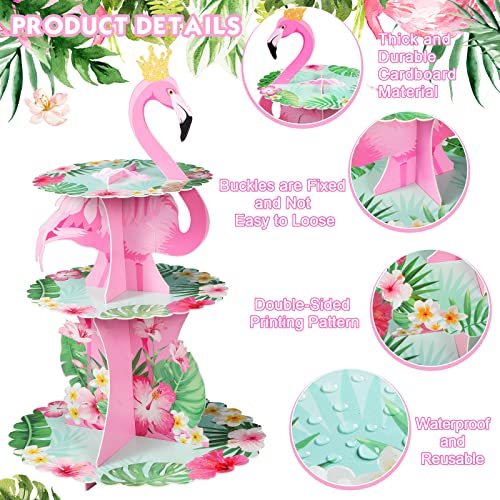 3 Tier Pink Flamingo Cupcake Stand Hawaiian Theme Cupcake Holder Luau Aloha Cake Holder Decorations Tropical Cupcake Dessert for Summer Pool Beach Birthday Party Supplies