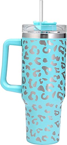 Mzjeaziany 40oz Insulated Leopard Tumbler with Handle and Straw Lid，Stainless Steel Double Vacuum Leak Proof Travel Mug Mint Tumbler for Office,Home, Party