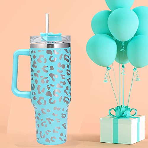 Mzjeaziany 40oz Insulated Leopard Tumbler with Handle and Straw Lid，Stainless Steel Double Vacuum Leak Proof Travel Mug Mint Tumbler for Office,Home, Party