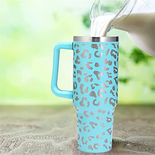 Mzjeaziany 40oz Insulated Leopard Tumbler with Handle and Straw Lid，Stainless Steel Double Vacuum Leak Proof Travel Mug Mint Tumbler for Office,Home, Party