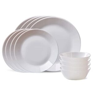 corelle milkglass 12-piece dinnerware set, service for 4, lightweight & chip resistant dinner dessert plate & soup/cereal bowl, white