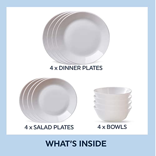 Corelle MilkGlass 12-Piece Dinnerware Set, Service for 4, Lightweight & Chip Resistant Dinner Dessert Plate & Soup/Cereal Bowl, White