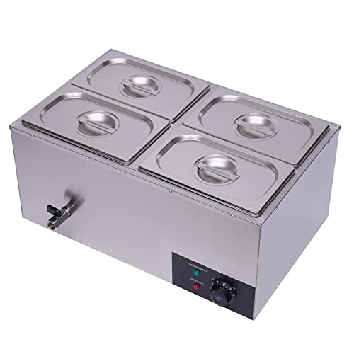 4-Pan Bain Marie Steam Table, Commercial Countertop Steam Table Food Warmer 600W 16.9Qt Stainless Steel Electric Food Soup Warmer with Lid and Tap for Restaurant, Buffet Catering