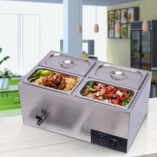 4-Pan Bain Marie Steam Table, Commercial Countertop Steam Table Food Warmer 600W 16.9Qt Stainless Steel Electric Food Soup Warmer with Lid and Tap for Restaurant, Buffet Catering