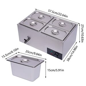 4-Pan Bain Marie Steam Table, Commercial Countertop Steam Table Food Warmer 600W 16.9Qt Stainless Steel Electric Food Soup Warmer with Lid and Tap for Restaurant, Buffet Catering