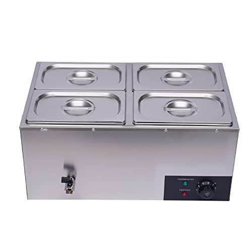 4-Pan Bain Marie Steam Table, Commercial Countertop Steam Table Food Warmer 600W 16.9Qt Stainless Steel Electric Food Soup Warmer with Lid and Tap for Restaurant, Buffet Catering