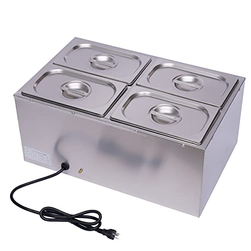 4-Pan Bain Marie Steam Table, Commercial Countertop Steam Table Food Warmer 600W 16.9Qt Stainless Steel Electric Food Soup Warmer with Lid and Tap for Restaurant, Buffet Catering