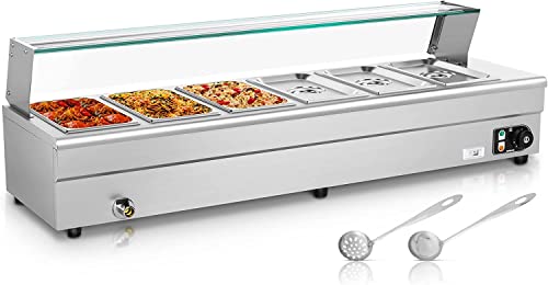 Lafati 6 Pan Commercial Food Warmer 110v 1500w Electric Stainless Steel Bain Steam Table Food Warmer with Large Capacity Pans for Catering and Parties Restaurants Business Occasion (110v 6-Pan)