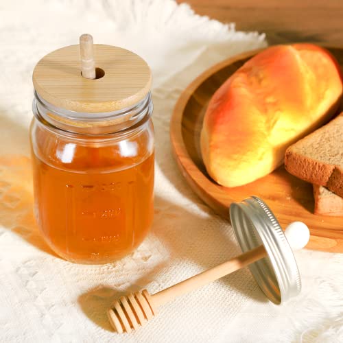 GIVAMEIHF16oz Honey Pot ,Glass Honey Jar with Dipper Stick-Extra Mason Jar Honey Dipper Lid,Glass Honey Dispenser,Honey Containers with Wooden Honey Dipper,Honey Holder,Honey Containers with Dipper,Honey Jar for Storing and Dispensing Honey,For Thank You