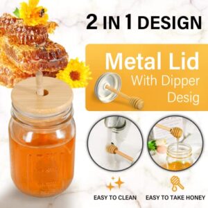 GIVAMEIHF16oz Honey Pot ,Glass Honey Jar with Dipper Stick-Extra Mason Jar Honey Dipper Lid,Glass Honey Dispenser,Honey Containers with Wooden Honey Dipper,Honey Holder,Honey Containers with Dipper,Honey Jar for Storing and Dispensing Honey,For Thank You