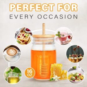 GIVAMEIHF16oz Honey Pot ,Glass Honey Jar with Dipper Stick-Extra Mason Jar Honey Dipper Lid,Glass Honey Dispenser,Honey Containers with Wooden Honey Dipper,Honey Holder,Honey Containers with Dipper,Honey Jar for Storing and Dispensing Honey,For Thank You