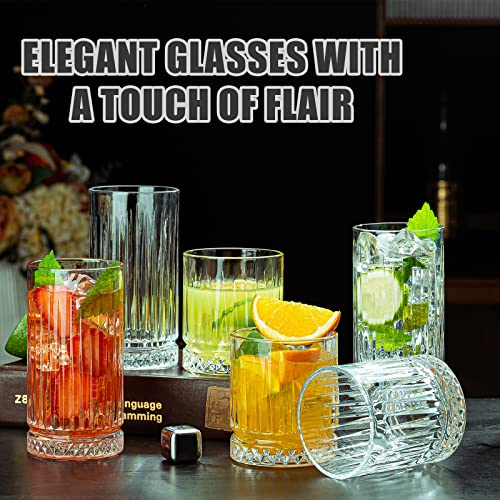 wookgreat Crystal Drinking Glasses, Set of 8 Durable Glass Cups-4 Highball Glasses 15oz & 4 Rocks Glasses 12oz, Mojito Cups, Cocktail Glass, Bar Glassware Set for Cocktail, Beer, Whiskey