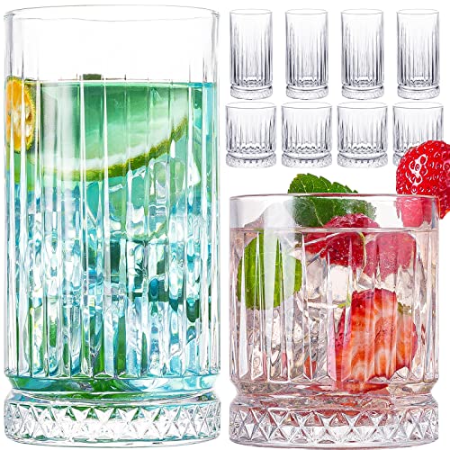 wookgreat Crystal Drinking Glasses, Set of 8 Durable Glass Cups-4 Highball Glasses 15oz & 4 Rocks Glasses 12oz, Mojito Cups, Cocktail Glass, Bar Glassware Set for Cocktail, Beer, Whiskey