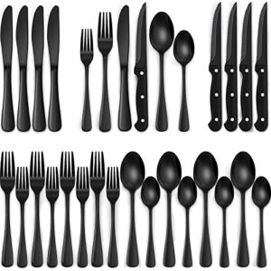 24-piece black silverware set with steak knives, black flatware set for 4, food-grade stainless steel tableware cutlery set, mirror finished utensil sets for home restaurant