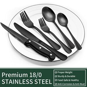 24-Piece Black Silverware Set with Steak Knives, Black Flatware Set for 4, Food-Grade Stainless Steel Tableware Cutlery Set, Mirror Finished Utensil Sets for Home Restaurant