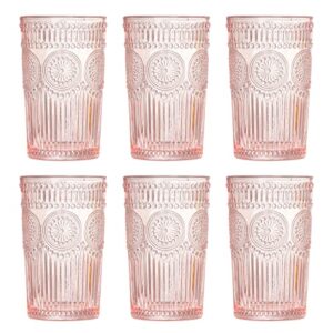 vintage glassware romantic drinking glasses - 12 oz pink glassware embossed glasses drinking set of 6 - perfect glass cups for coffee, cocktails, and beverages, dishwasher safe, ideal for gifting