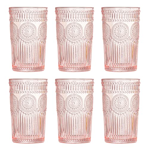 Vintage Glassware Romantic Drinking Glasses - 12 OZ Pink Glassware Embossed Glasses Drinking Set of 6 - Perfect Glass cups for Coffee, Cocktails, and Beverages, Dishwasher Safe, Ideal for Gifting