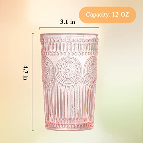 Vintage Glassware Romantic Drinking Glasses - 12 OZ Pink Glassware Embossed Glasses Drinking Set of 6 - Perfect Glass cups for Coffee, Cocktails, and Beverages, Dishwasher Safe, Ideal for Gifting