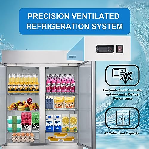 SMETA Commercial Fridge Refrigeration Stainless Steel 47 Cu. Ft Reach in 2 Door Upright Stand Up 2 Section Fan Cooling Refrigerator for Restuarant, Bar, Shop, 54'' Wide Large Capacity