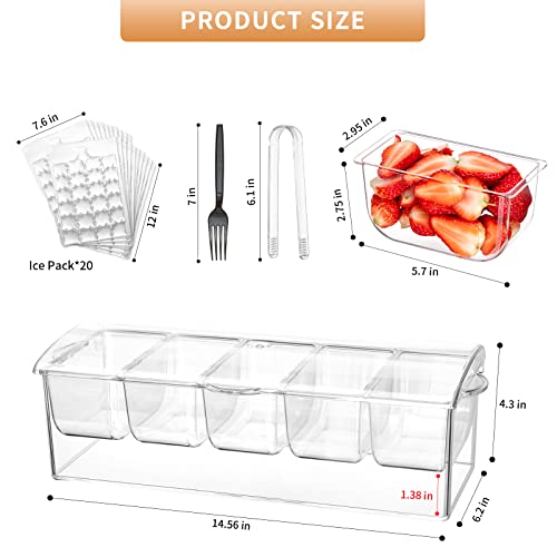 Laojbaba Chilled Condiment Server Clear Icy Condiment Bar Condiment Tray ice Party Serving bar with Lid Bar Garnish Holder on ice 5 Removable Compartments