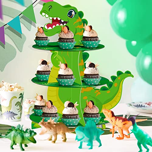 3D Dinosaur Cupcake Stand for Dinosaur Party Supplies, Cupcake Holder for Dinosaur Theme Birthday Party Decorations Jurassic Party Favors, Dino Topper Stand for Three Rex Boy Birthday Party