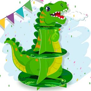 3d dinosaur cupcake stand for dinosaur party supplies, cupcake holder for dinosaur theme birthday party decorations jurassic party favors, dino topper stand for three rex boy birthday party