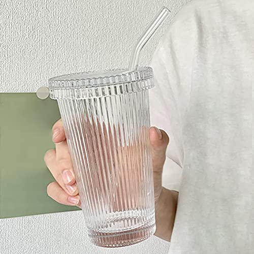 YAHUIPEIUS Glass Tumbler Stripe Glass Cup Coffee Cup With Lid and Straw Drinking Glasses for Water,Iced Coffee,Milk,Tea,Juice (A-Stripe)