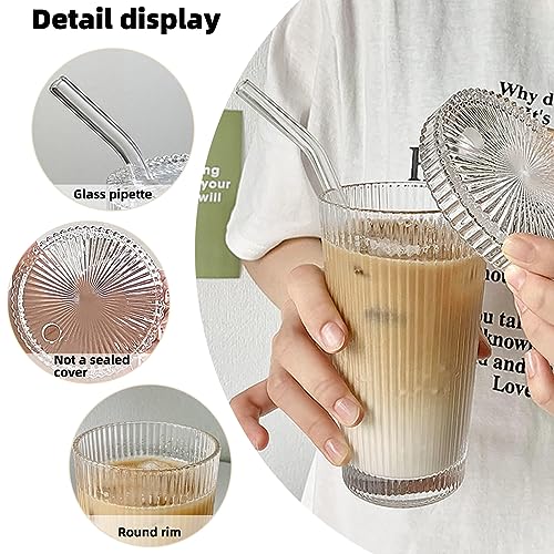 YAHUIPEIUS Glass Tumbler Stripe Glass Cup Coffee Cup With Lid and Straw Drinking Glasses for Water,Iced Coffee,Milk,Tea,Juice (A-Stripe)