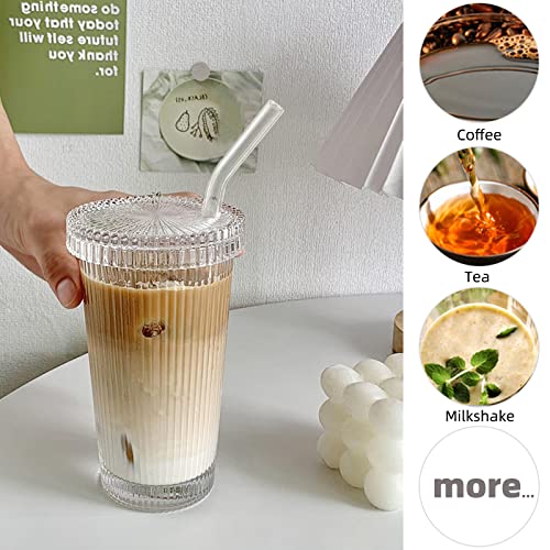 YAHUIPEIUS Glass Tumbler Stripe Glass Cup Coffee Cup With Lid and Straw Drinking Glasses for Water,Iced Coffee,Milk,Tea,Juice (A-Stripe)