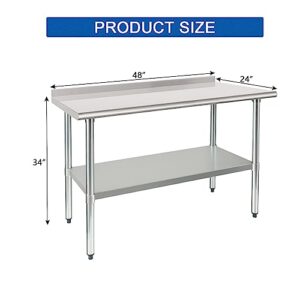 HARDURA Stainless Steel Table Prep & Work Table 24 x 48 Inches NSF Heavy Duty Commercial with Undershelf and Backsplash for Restaurant Kitchen Home and Hotel