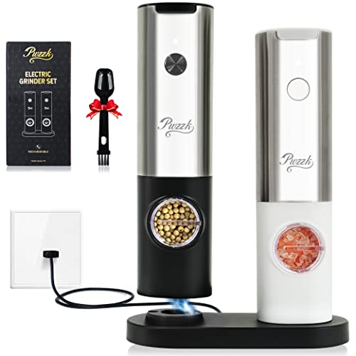 𝑵𝒆𝒘 𝑼𝒑𝒈𝒓𝒂𝒅𝒆𝒅 PwZzk Electric Salt and Pepper Grinder Set Rechargeable USB One Hand Automatic Operation Stainless Steel Electronic Spice Mill Shakers With Adjustable Coarseness (2 Pack)