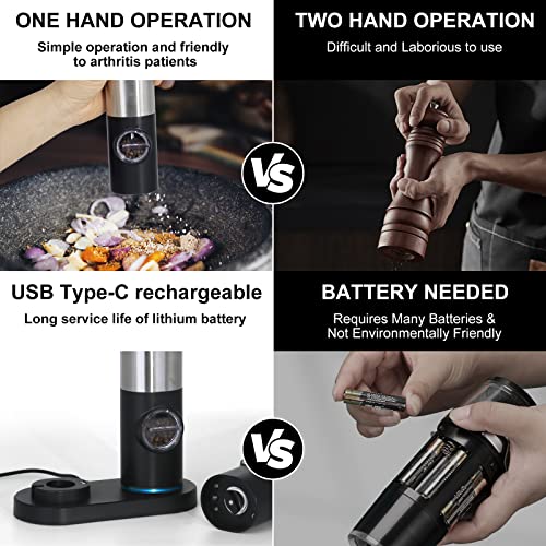 𝑵𝒆𝒘 𝑼𝒑𝒈𝒓𝒂𝒅𝒆𝒅 PwZzk Electric Salt and Pepper Grinder Set Rechargeable USB One Hand Automatic Operation Stainless Steel Electronic Spice Mill Shakers With Adjustable Coarseness (2 Pack)