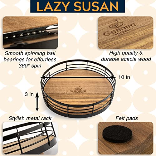 Gennua Kitchen 10” Acacia Wood Lazy Susan Turntable Organizer for Spices, Condiments, and More - Wooden Cabinet and Pantry Organization and Storage - Practical Gift Idea for Wedding or Housewarming