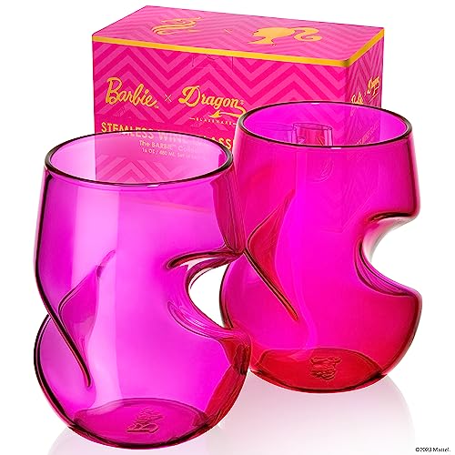 Dragon Glassware x Barbie Stemless Wine Glasses, Pink and Magenta Glass with Finger Indentations, Naturally Aerates Wine, Unique Gift for Wine Lovers, 16 oz Capacity, Set of 2