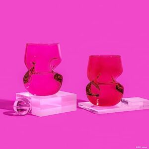 Dragon Glassware x Barbie Stemless Wine Glasses, Pink and Magenta Glass with Finger Indentations, Naturally Aerates Wine, Unique Gift for Wine Lovers, 16 oz Capacity, Set of 2