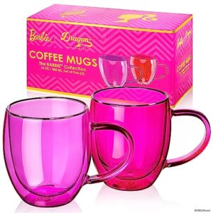 dragon glassware x barbie glass coffee mugs, pink and magenta double wall insulated cups, keeps beverages hot or cold longer, 16 oz capacity, set of 2