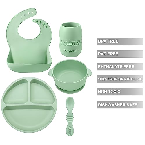 PandaEar Silicone Baby Feeding Set 6-12 Months| Baby LED Weaning Supplies| Infant Toddler Feeding Set| Silicone Baby Bib + Baby Plate with Suction + Baby Cup + Baby Bowls and Spoon First Stage Set