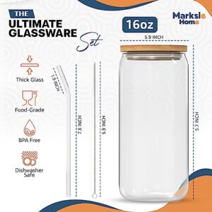 Marksle Home Glass Cups - Glass Cups With Lids And Straws - 16oz Iced Coffee Cup 4pcs Set - Glass Tumbler With Straw And Lid - Glass Coffee Cups - Ice Coffee Cup - Glass Cups With Bamboo Lids